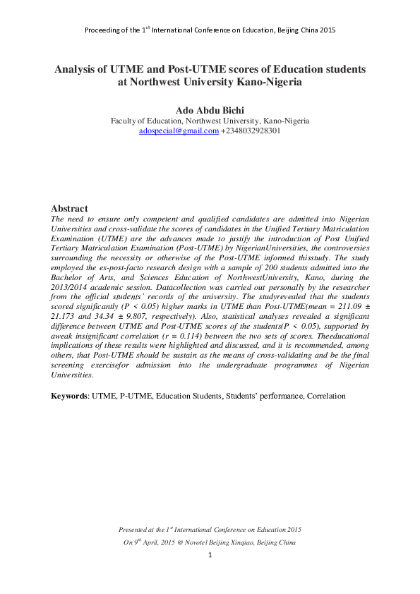 (PDF) Analysis of UTME and Post-UTME scores of Education students at ...