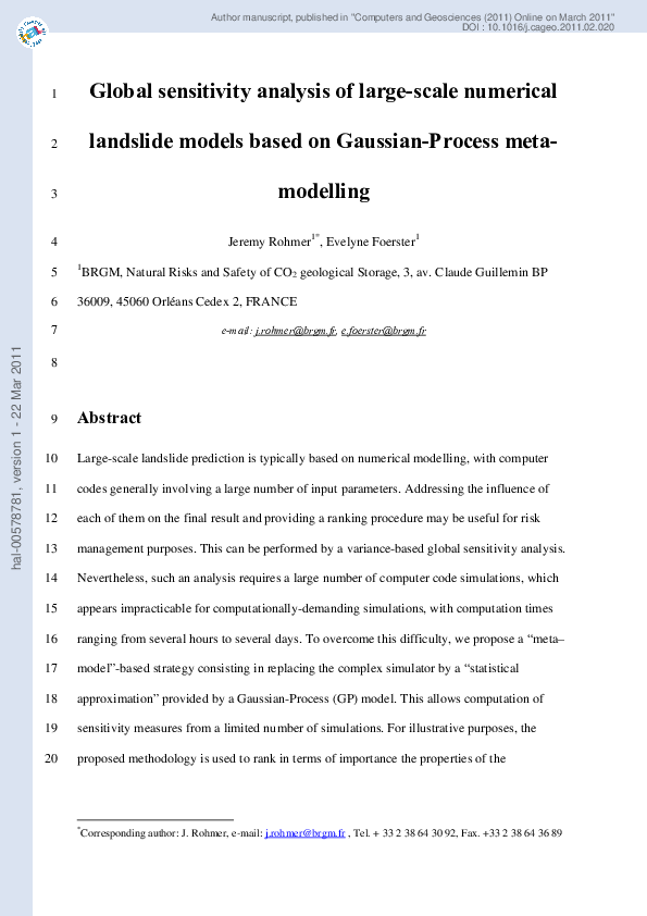 Pdf Global Sensitivity Analysis Of Large Scale Numerical Landslide Models Based On Gaussian
