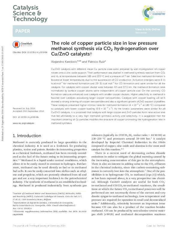 (PDF) The role of copper particle size in low pressure methanol synthesis via CO 2 hydrogenation ...