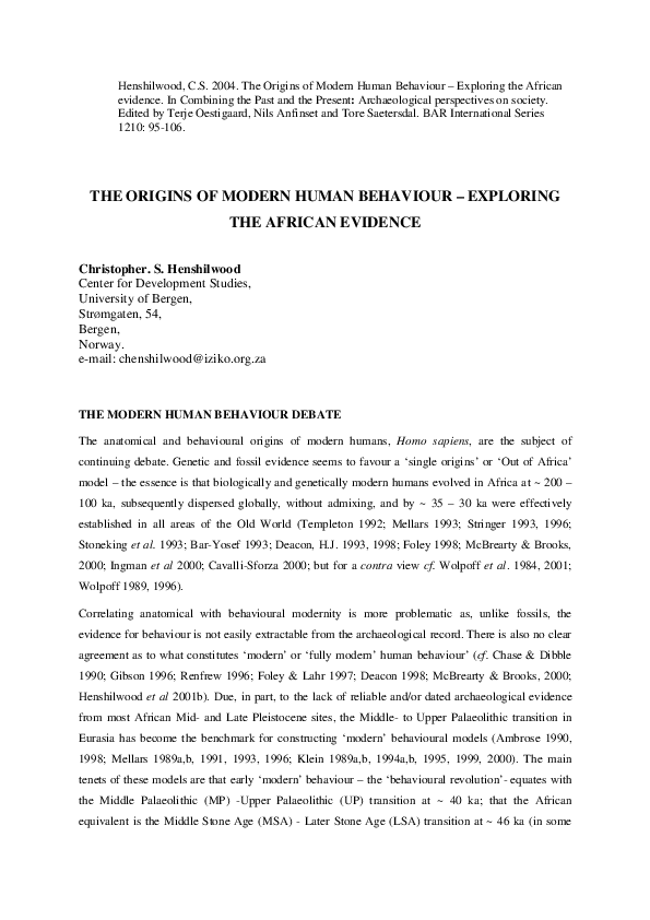 (PDF) • Henshilwood, C.S. 2004. The Origins of Modern Human Behaviour ...