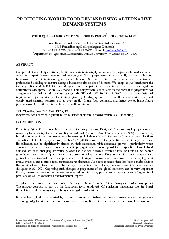 (PDF) Projecting world food demand using alternative demand systems