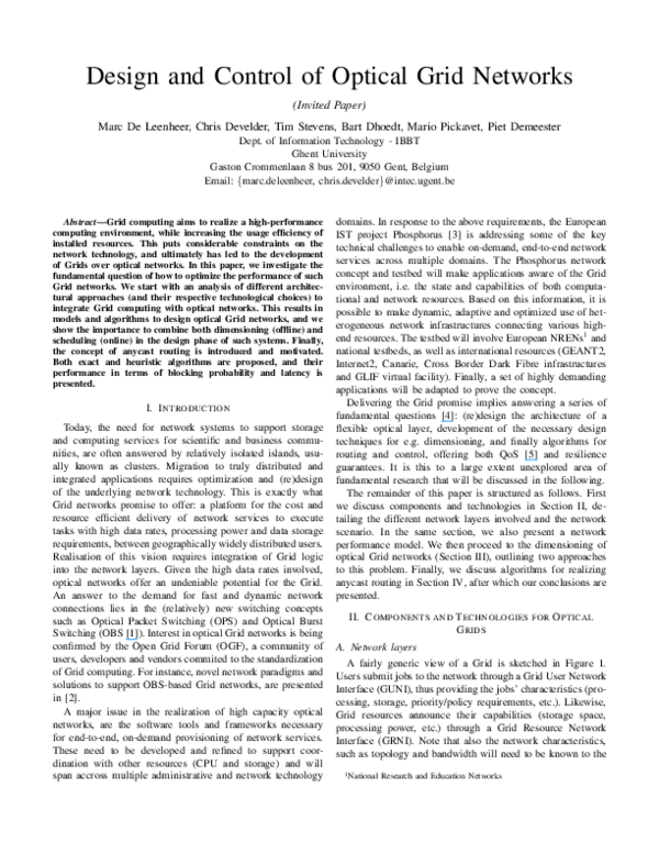 (PDF) Design and control of optical Grid networks
