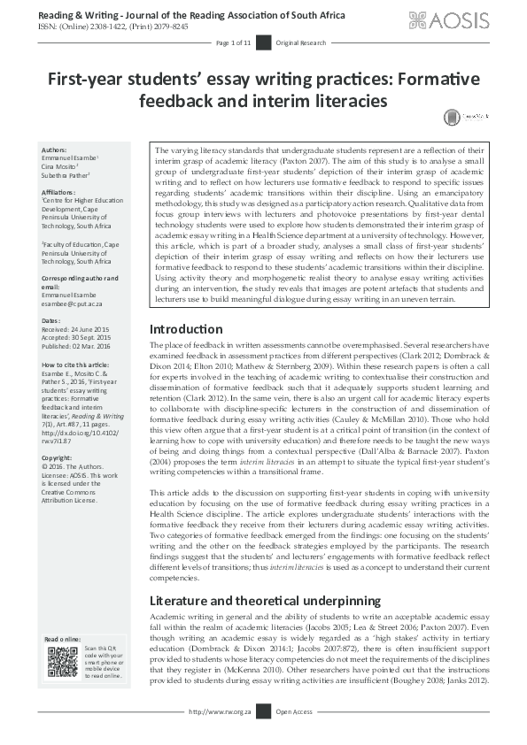 (PDF) First-year students’ essay writing practices: Formative feedback ...