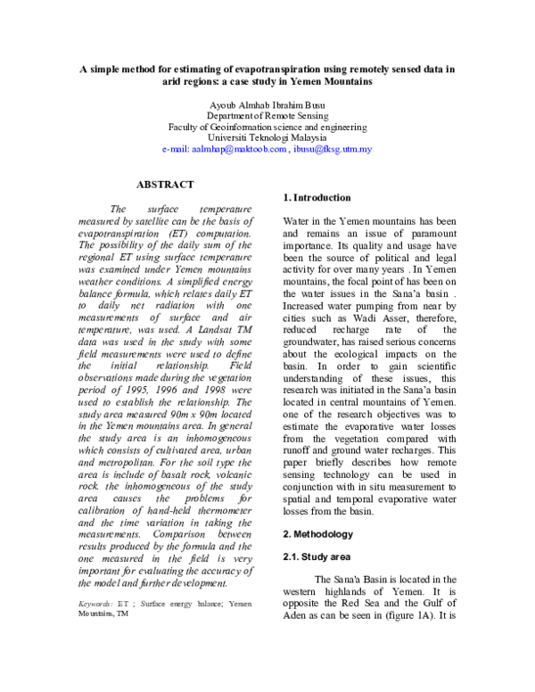 (PDF) A simple method for estimating of evapotranspiration using remotely sensed data in arid ...