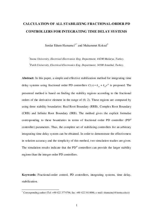 (PDF) Calculation of all stabilizing fractional-order PD controllers for integrating time delay ...