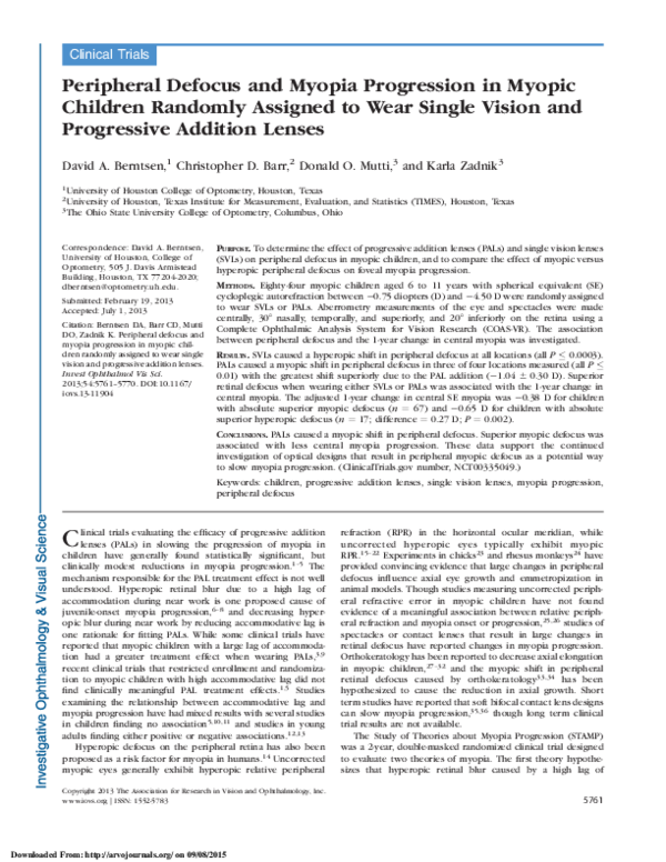 (PDF) Peripheral Defocus and Myopia Progression in Myopic Children ...
