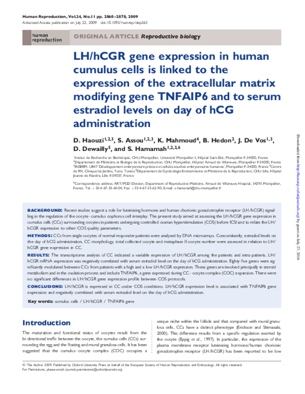 (PDF) LH/hCGR gene expression in human cumulus cells is linked to the ...