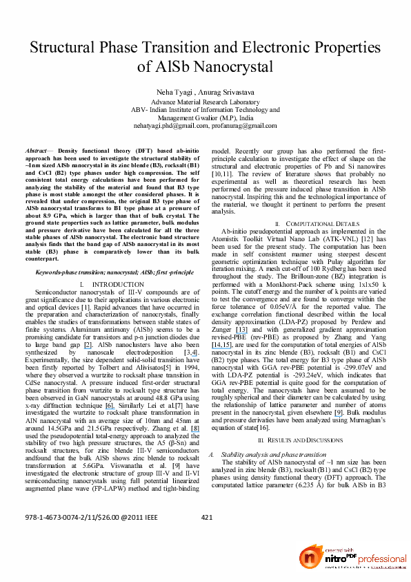 (PDF) Structural phase transition and electronic properties of AlSb nanocrystal