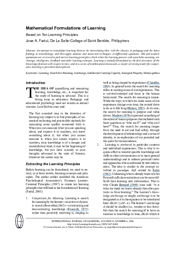 Pdf Mathematical Formulations Of Learning Based On Ten Learning