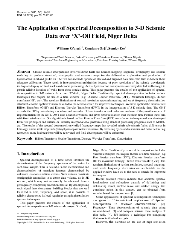Pdf The Application Of Spectral Decomposition To 3 D Seismic Data Over X Oil Field Niger Delta