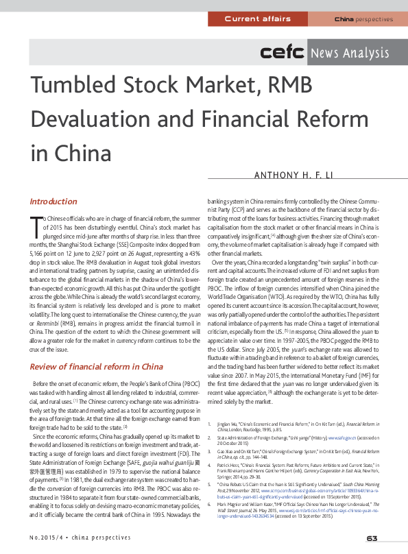 (PDF) Tumbled Stock Market, RMB Devaluation and Financial Reform in China
