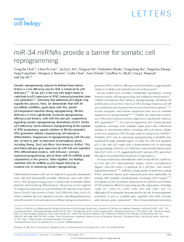 (PDF) miR-34 miRNAs provide a barrier for somatic cell reprogramming