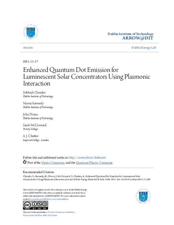 (PDF) Enhanced quantum dot emission for luminescent solar concentrators using plasmonic interaction