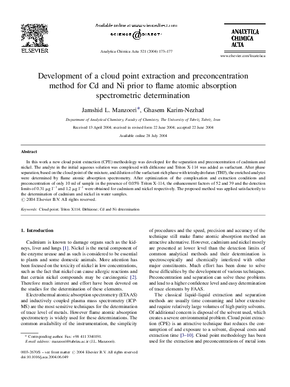 Pdf Development Of A Cloud Point Extraction And Preconcentration Method For Cd And Ni Prior To