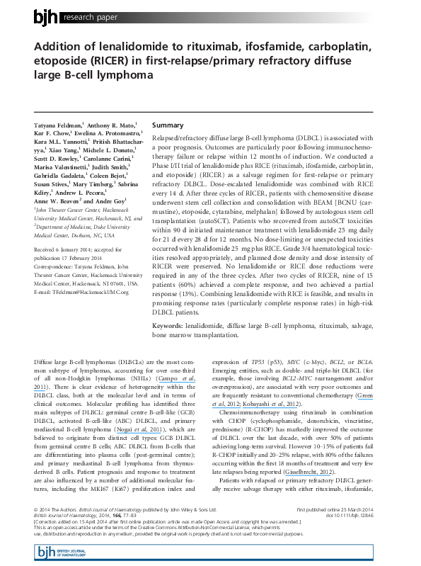 (PDF) Addition of lenalidomide to rituximab, ifosfamide, carboplatin, etoposide (RICER) in first ...