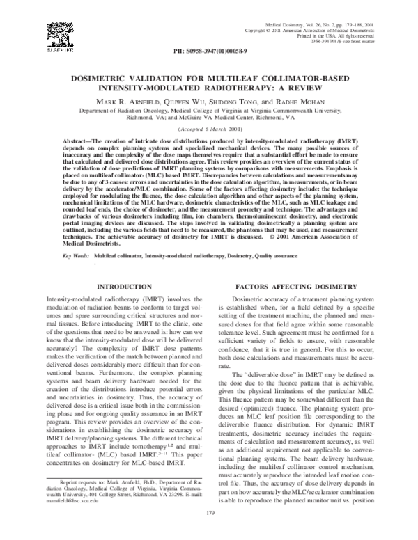 (PDF) Dosimetric validation for multileaf collimator-based intensity-modulated radiotherapy: a ...