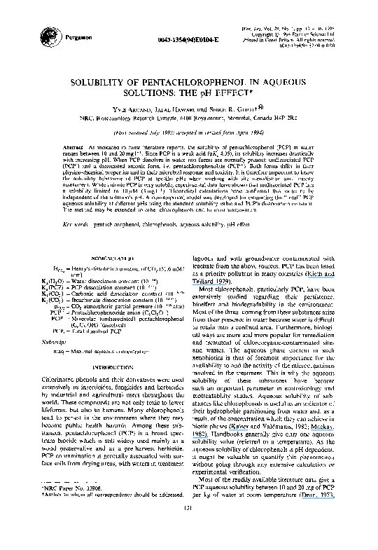 (PDF) Solubility of pentachlorophenol in aqueous solutions: The pH effect