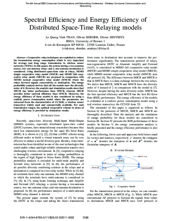 (PDF) Spectral efficiency and energy efficiency of distributed space-time relaying models