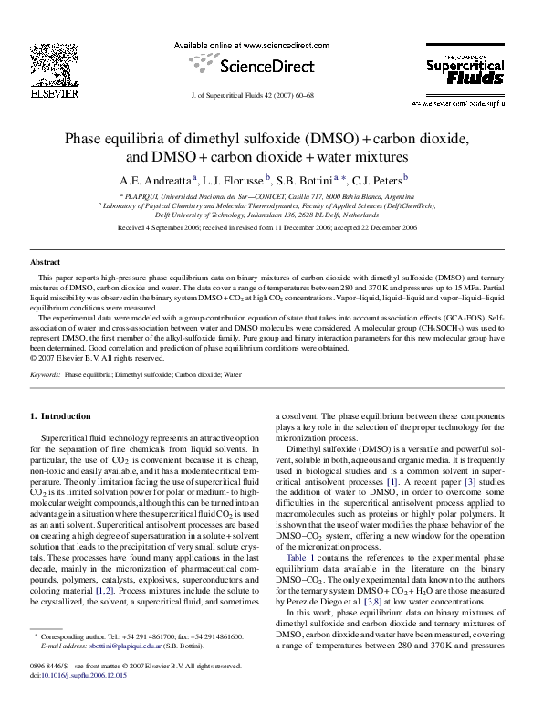 (PDF) Phase equilibria of dimethyl sulfoxide (DMSO)+carbon dioxide, and ...