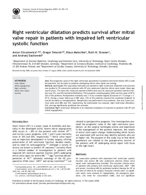 (PDF) Right ventricular dilatation predicts survival after mitral valve repair in patients with ...