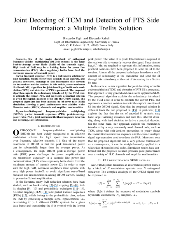 Pdf Joint Decoding Of Tcm And Detection Of Pts Side Information A Multiple Trellis Solution