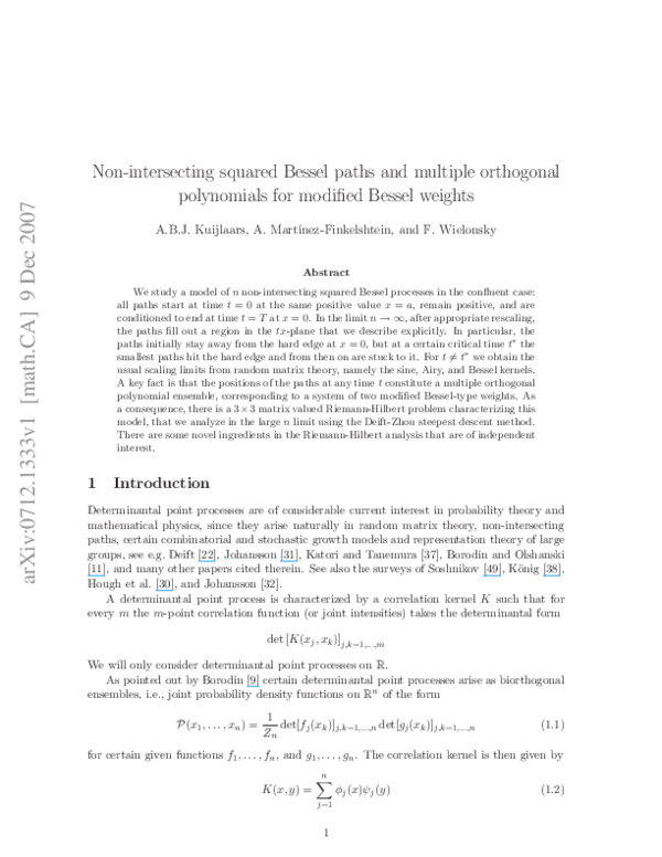 Pdf Non Intersecting Squared Bessel Paths And Multiple Orthogonal Polynomials For Modified