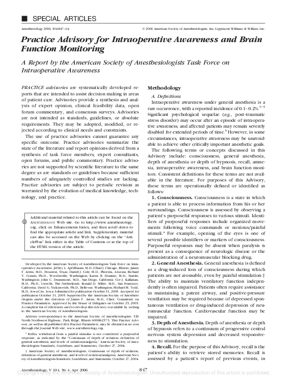 (PDF) Practice Advisory for Intraoperative Awareness and Brain Function ...