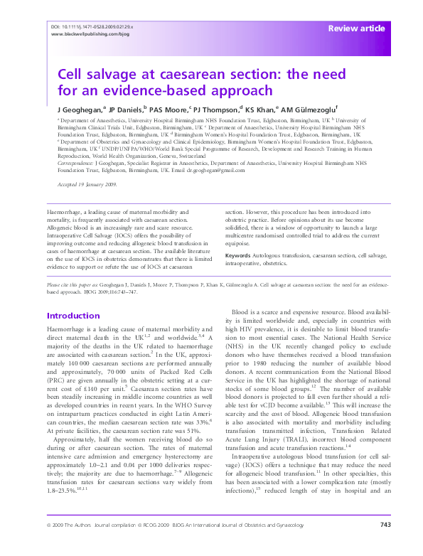(PDF) Cell salvage at caesarean section: the need for an evidence-based ...