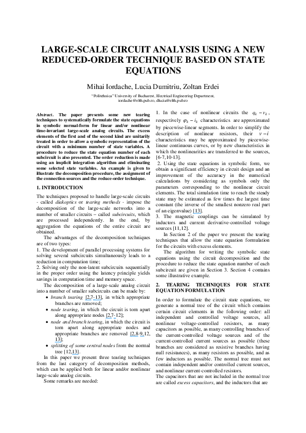 Pdf Large Scale Circuit Analysis Using A New Reduced Order Technique