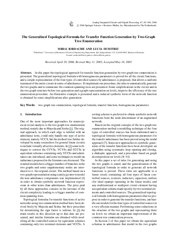 (PDF) The Generalized Topological Formula for Transfer Function Generation by Two-Graph Tree ...