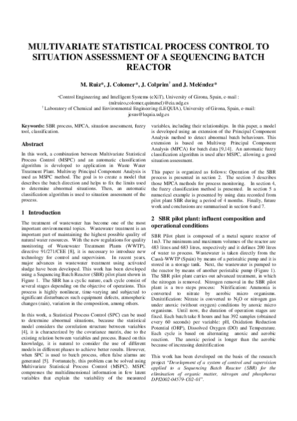 (PDF) MULTIVARIATE STATISTICAL PROCESS CONTROL TO SITUATION ASSESSMENT ...