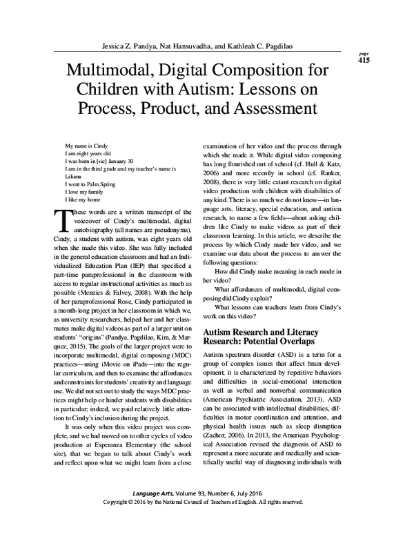 (PDF) Multimodal, Digital Composition for Children with Autism: Lessons ...