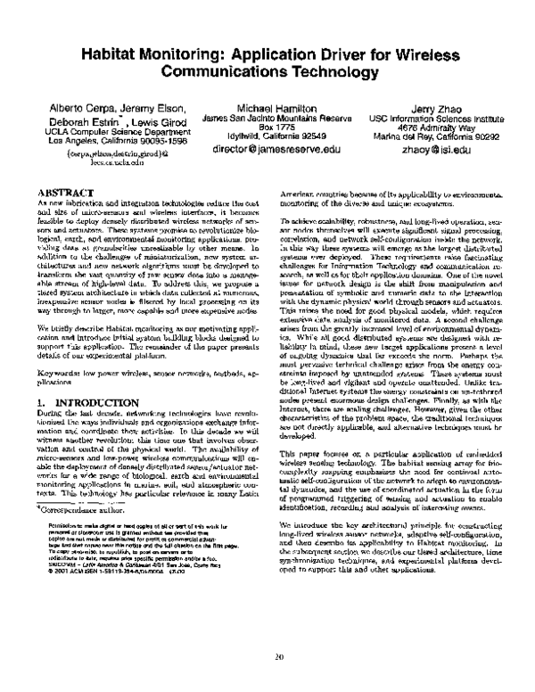 (PDF) Habitat monitoring: application driver for wireless communications technology