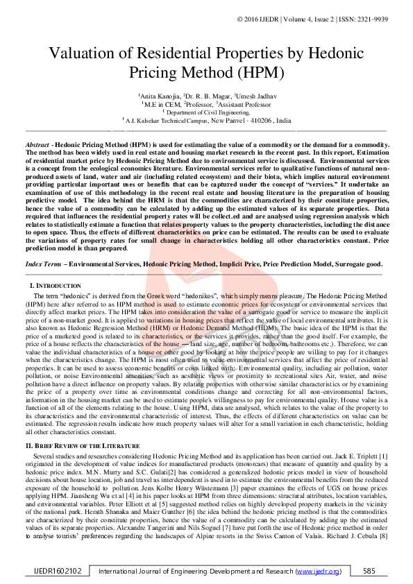 (PDF) Valuation of Residential Properties by Hedonic Pricing Method (HPM