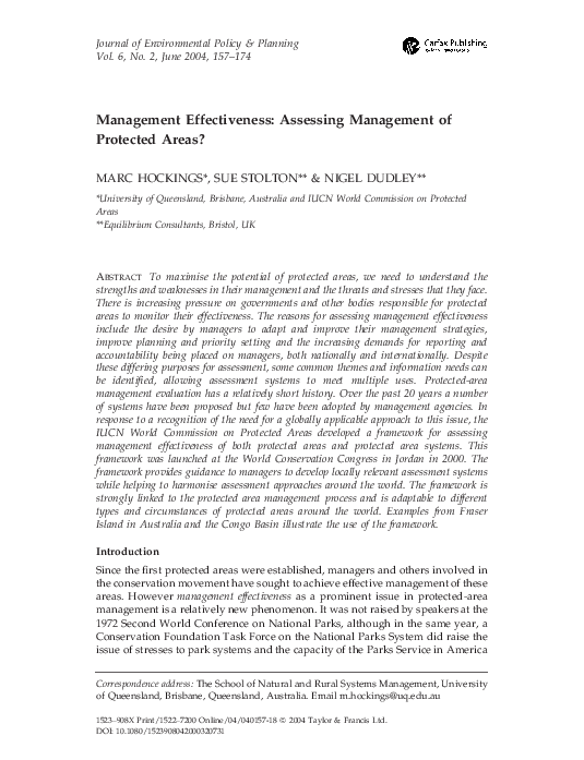 Pdf Management Effectiveness Assessing Management Of Protected Areas