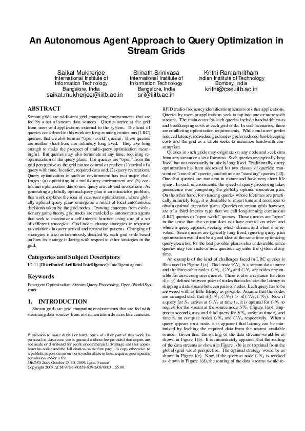 (PDF) An autonomous agent approach to query optimization in stream grids