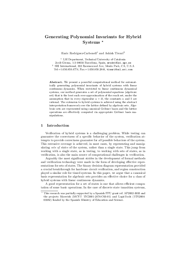 (PDF) Generating Polynomial Invariants for Hybrid Systems
