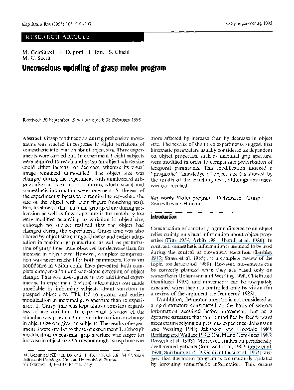 (PDF) Unconscious updating of grasp motor program | Sergio Chieffi ...