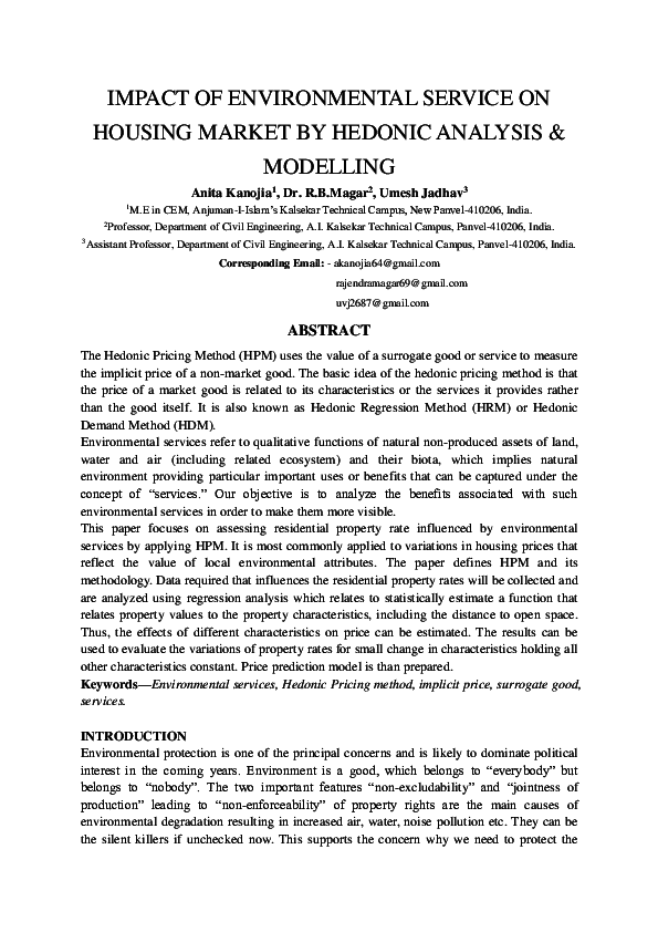 (PDF) IMPACT OF ENVIRONMENTAL SERVICE ON HOUSING MARKET BY HEDONIC ...