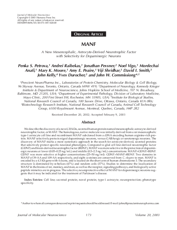 (PDF) MANF A New Mesencephalic, Astrocyte-Derived Neurotrophic Factor ...