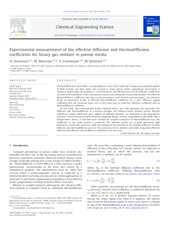 (PDF) Experimental measurement of the effective diffusion and thermodiffusion coefficients for ...