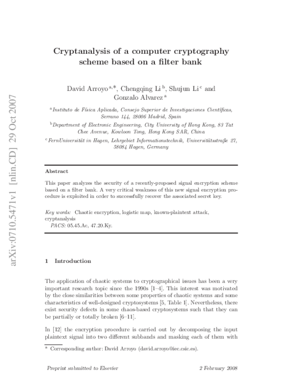 (PDF) Cryptanalysis of a computer cryptography scheme based on a filter bank