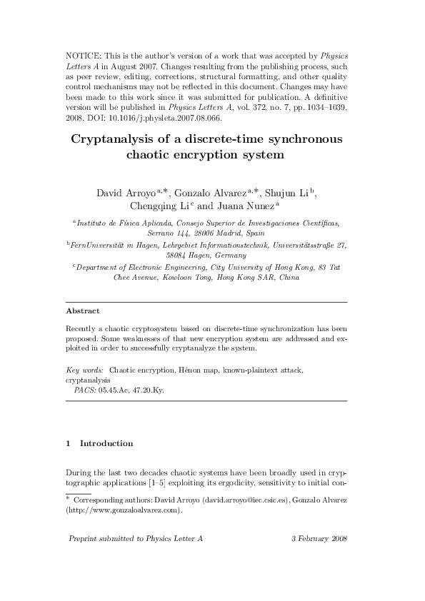 (PDF) Cryptanalysis of a discrete-time synchronous chaotic encryption system | David Arroyo ...