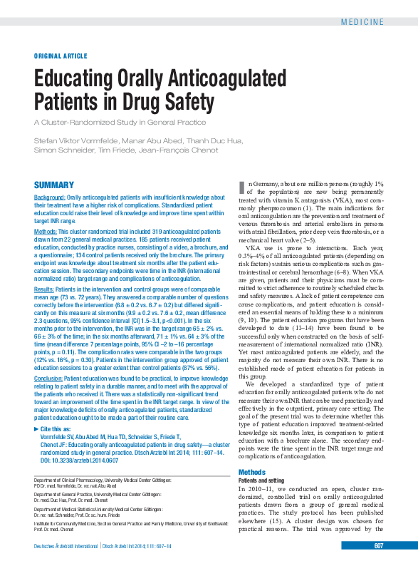 (PDF) Educating orally anticoagulated patients in drug safety: a ...