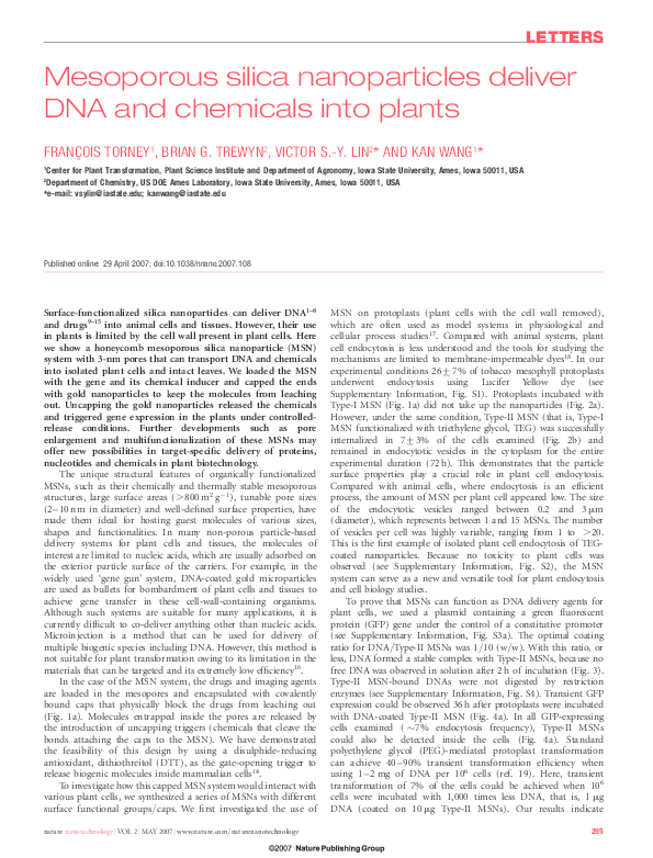 (PDF) Mesoporous silica nanoparticles deliver DNA and chemicals into plants