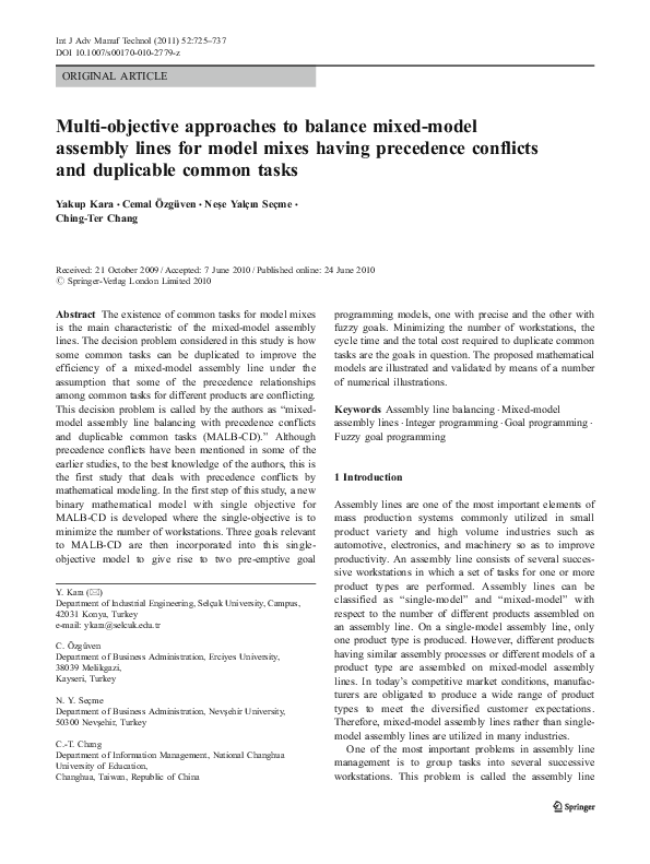 Pdf Multi Objective Approaches To Balance Mixed Model Assembly Lines