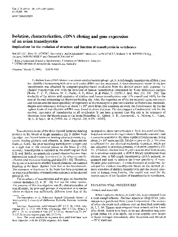 (PDF) Isolation, characterization, cDNA cloning and gene expression of an avian transthyretin ...