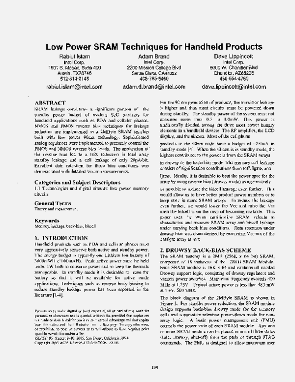 (PDF) Low power SRAM techniques for handheld products