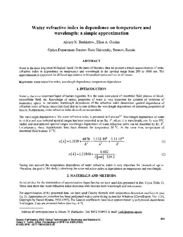(PDF) Water refractive index in dependence on temperature and ...