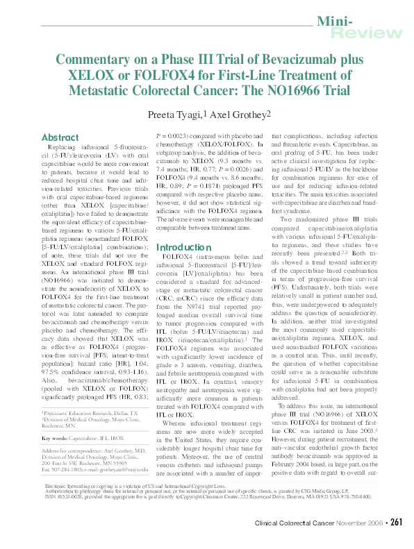 (PDF) Commentary on a Phase III Trial of Bevacizumab plus XELOX or ...